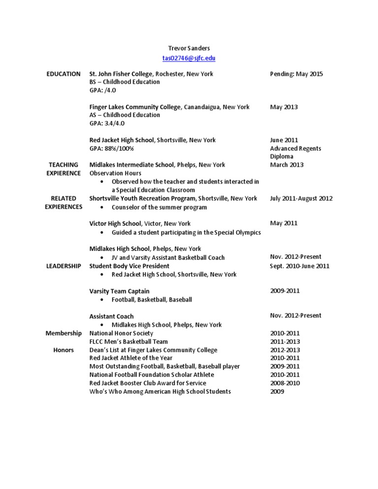 Trevor Sanders: Education & Experience Summary | PDF | Sports & Recreation
