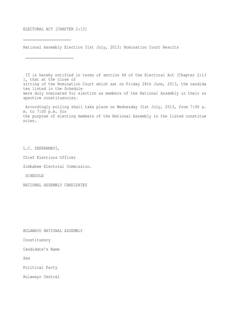 2013 Zimbabwe National Assembly Candidates | PDF