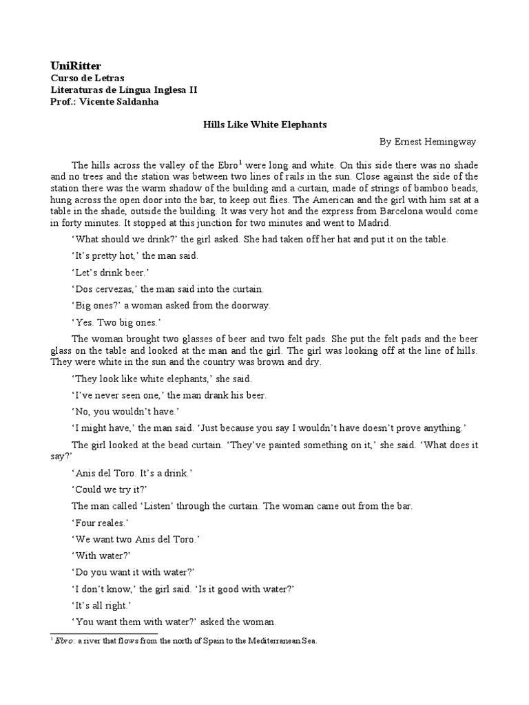Hemingway - Hills Like White Elephants | PDF | Leisure