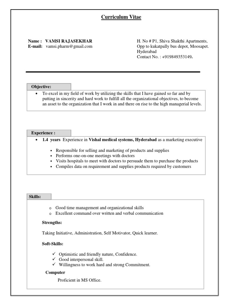 Curriculum Vitae: Name: Vamsi Rajasekhar H. No # P1, Shiva Shakthi ...