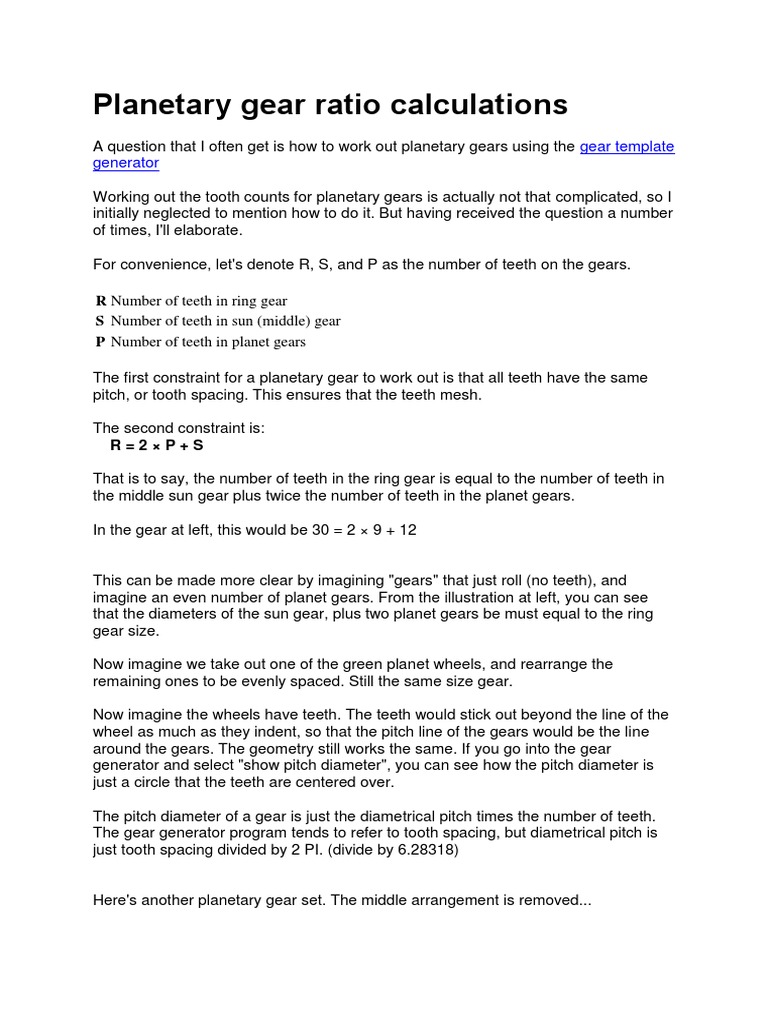 Planetary Gear Ratio Calculations | PDF | Gear | Machines