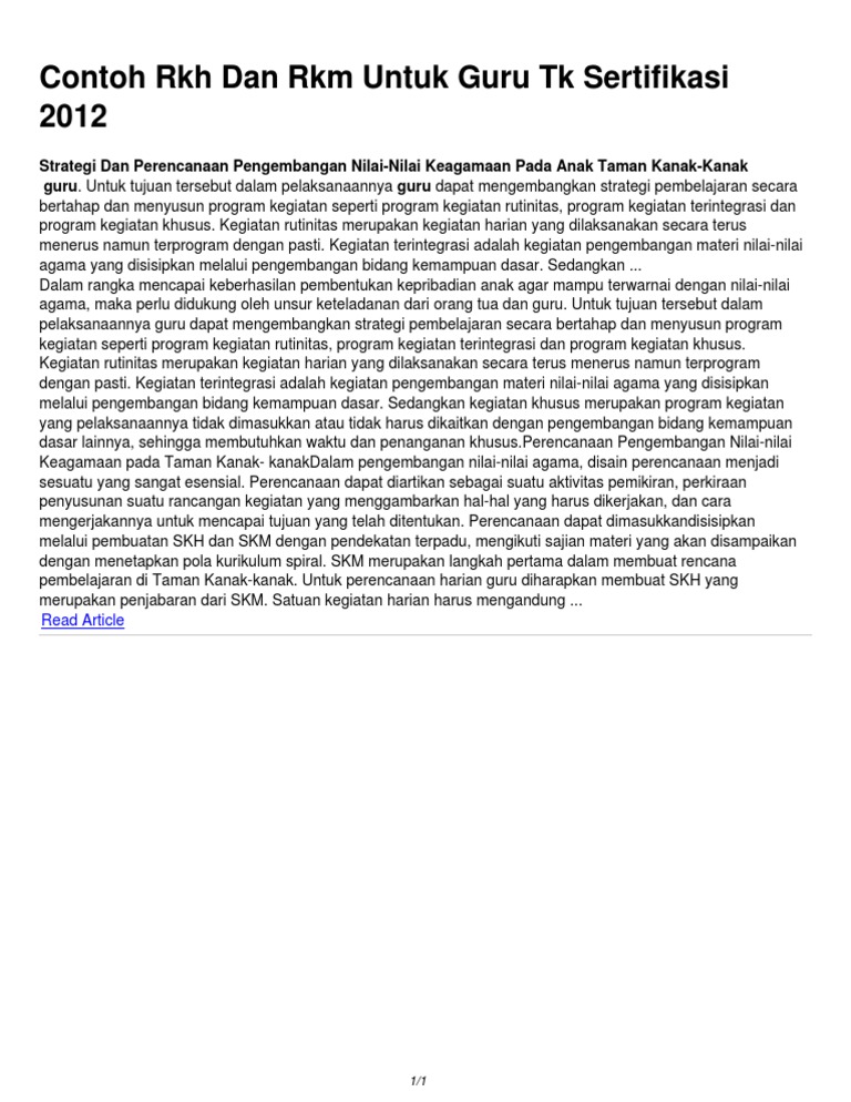 Contoh RKH Dan RKM Untuk Guru TK Sertifikasi 2012 | PDF