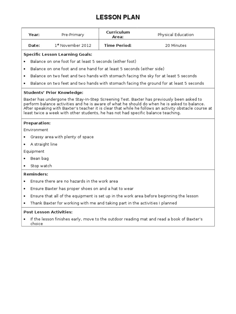 Lesson Plan | PDF | Balance (Ability) | Foot