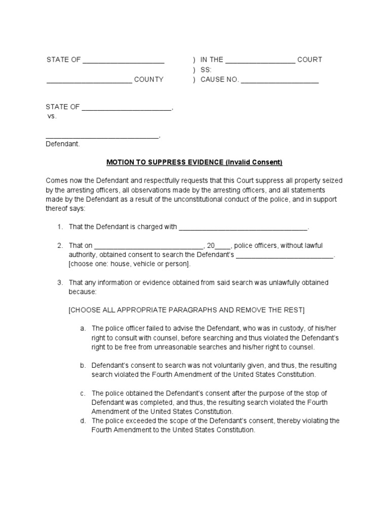 Motion to Suppress Evidence for Invalid Consent | Fourth Amendment To ...
