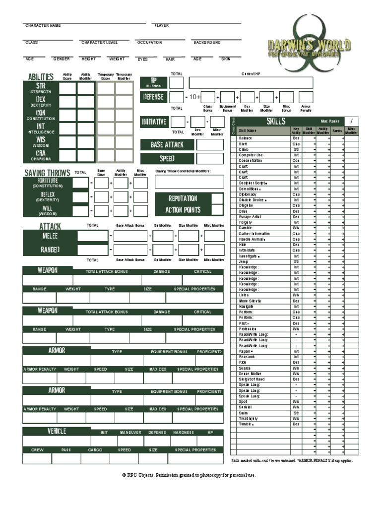 Darwin's World Character Sheet | PDF | Role Playing | Role Playing Games