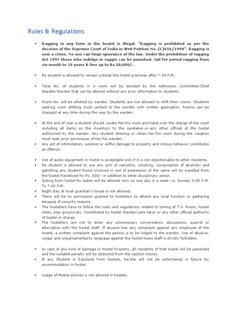 Rules & Regulations | PDF | Dormitory | Boarding School