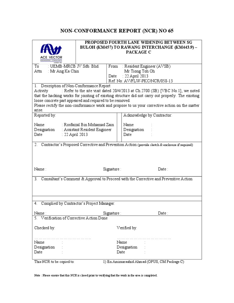 Non-Conformance Report (NCR) No 65 | PDF