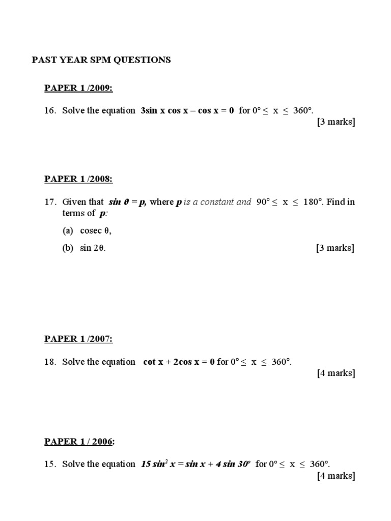 Past Year SPM Questions PAPER 1 /2009:: X Sin X + 4 Sin 30 | PDF ...
