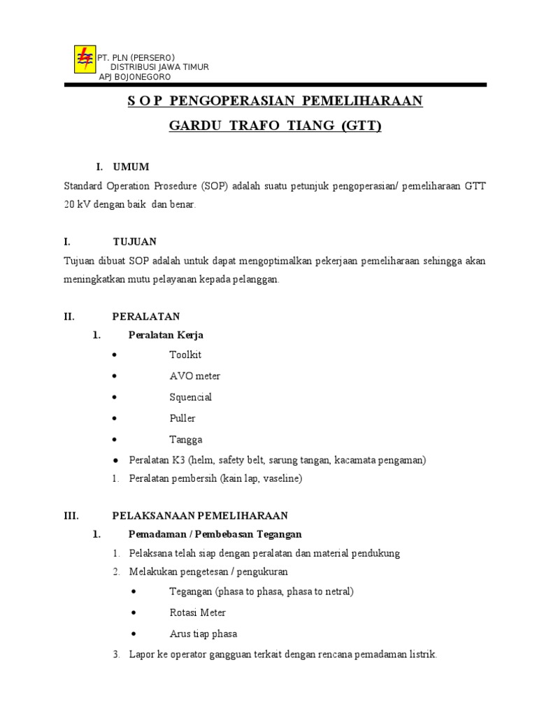 S O P Pengoperasian Pemeliharaan Gardu Trafo Tiang (GTT) | PDF