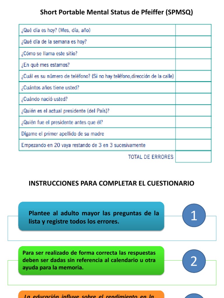 Test Pfeiffer o SPMSQ | PDF | Ciencia cognitiva | Cognición