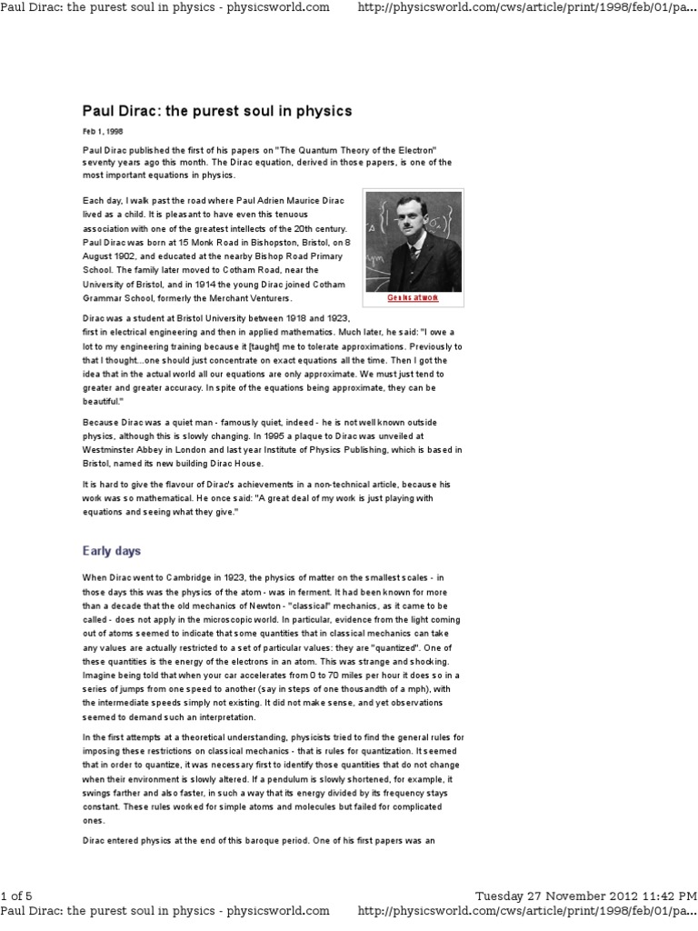 Paul Dirac: Pioneer of Quantum Mechanics | PDF | Electron | Spin (Physics)