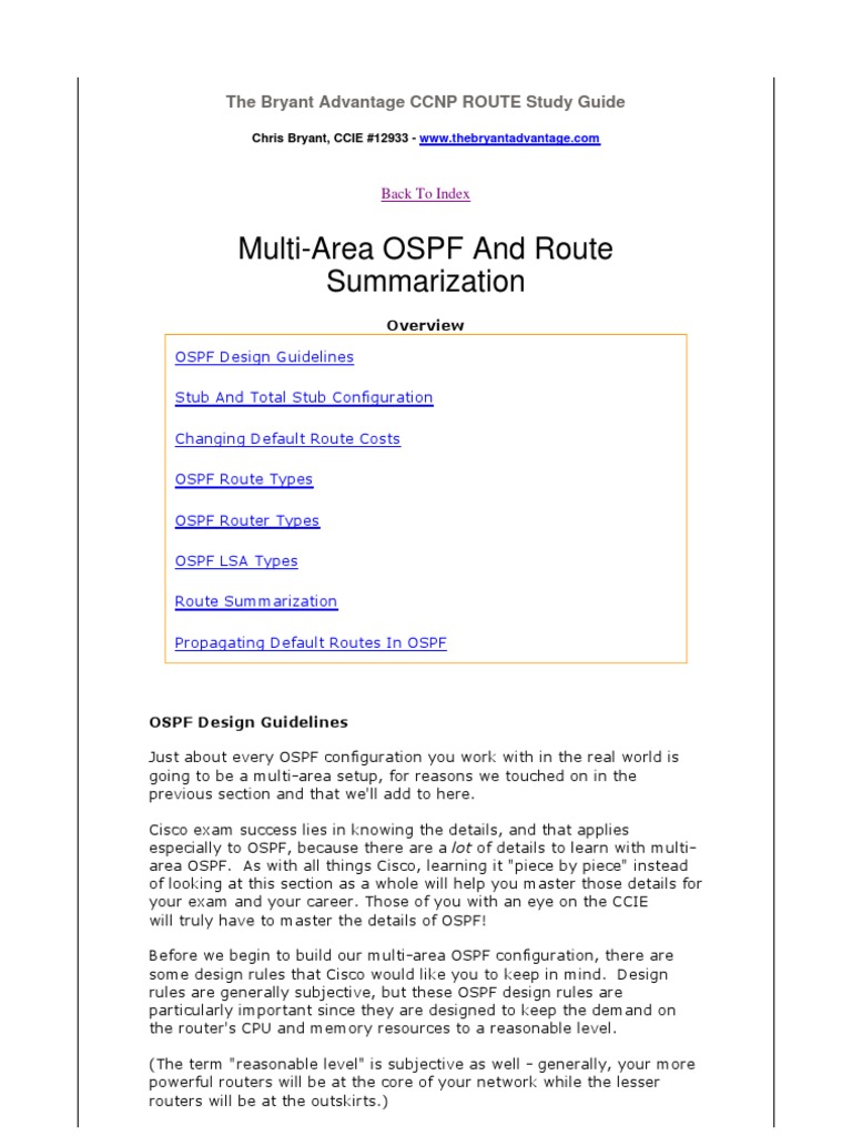 Multi-Area OSPF and Route Summarization: The Bryant Advantage CCNP ROUTE Study Guide | PDF ...