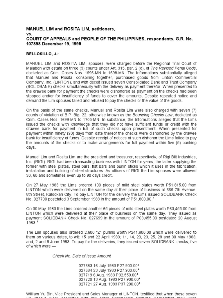 Lim Vs CA | PDF | Cheque | Law Of Agency