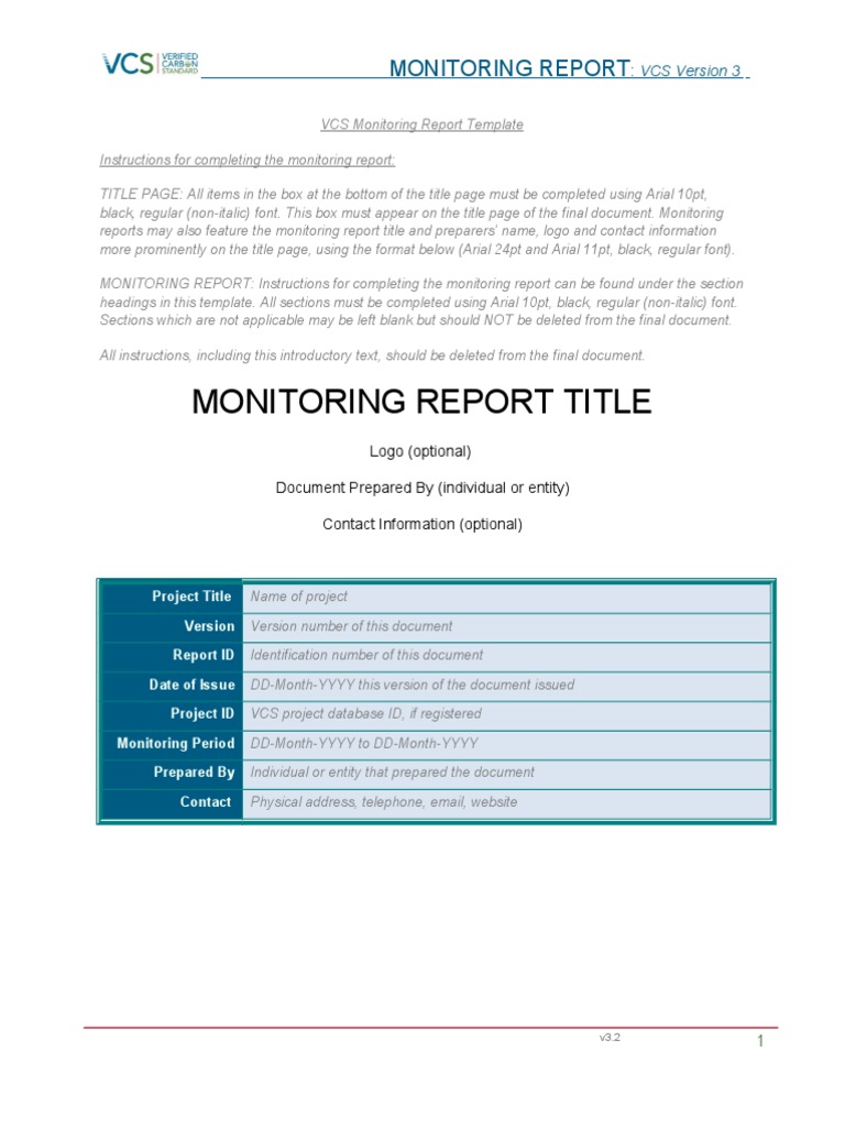 VCS Monitoring Report Template, V3.2 - 0 | Quality Assurance | Arial