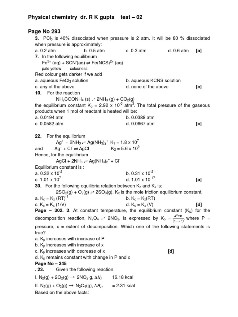 Physical Chemistry Dr. R K Gupts Test - 02 Page No 293: Pale Yellow ...