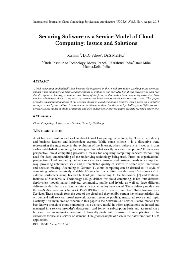 Securing Software As A Service Model Of Cloud Computing Issues And