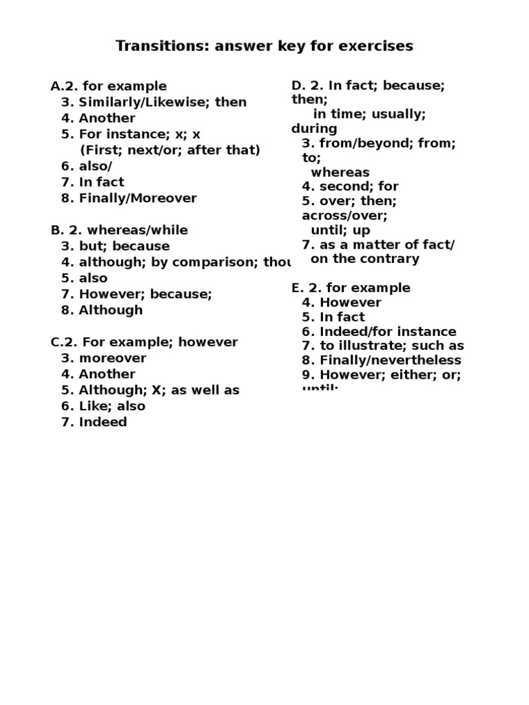 Transition Words Exercises Answer Key | PDF