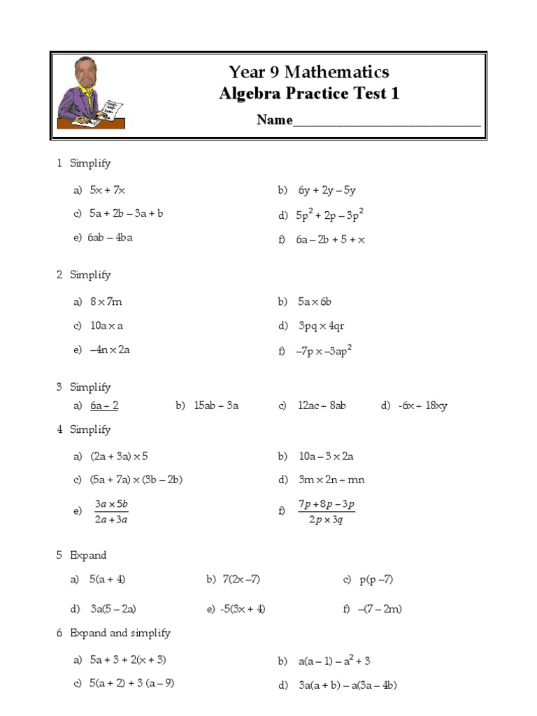 Year 9 Algebra Practice Test | PDF | Science & Mathematics