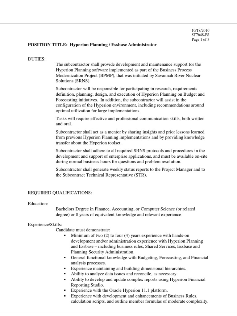 POSITION TITLE: Hyperion Planning / Essbase Administrator: 10/18/2010 ...