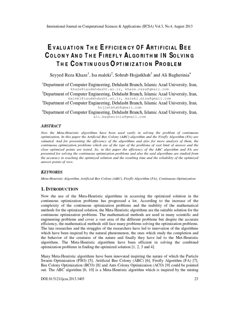 Evaluation The Efficiency of Artificial Bee Colony and The Firefly Algorithm in Solving The ...