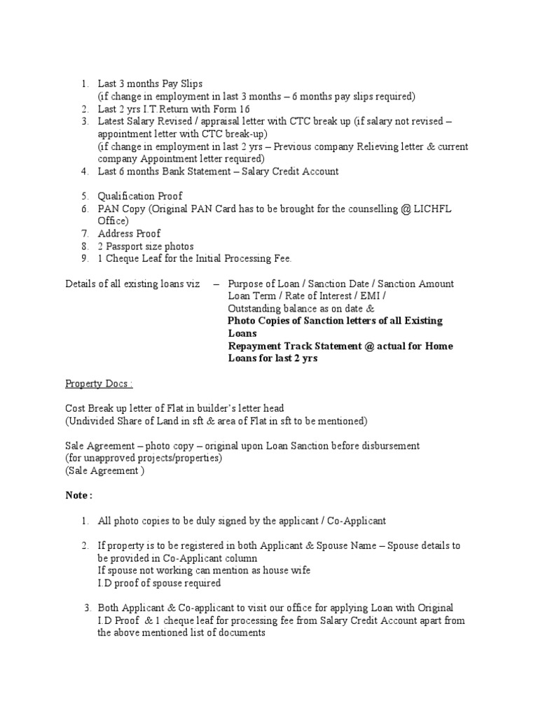 Home Loan Docs Required Salaried - APF | PDF