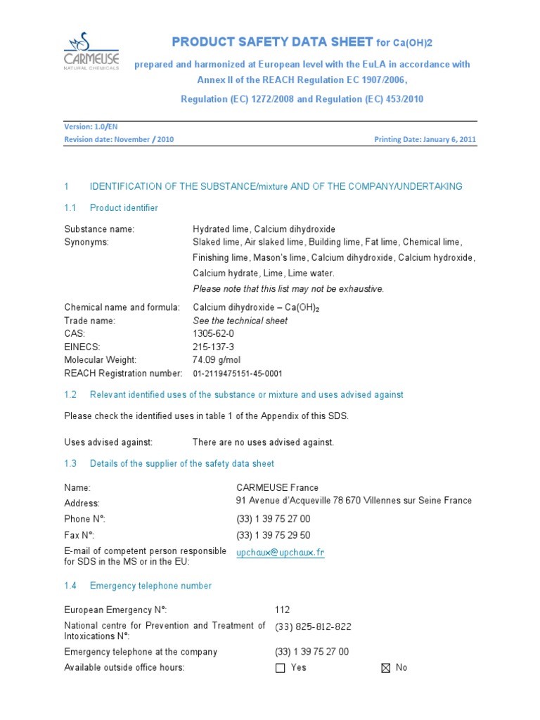 Calcium Dihydroxide - CA (OH) 2 | PDF | Personal Protective Equipment ...