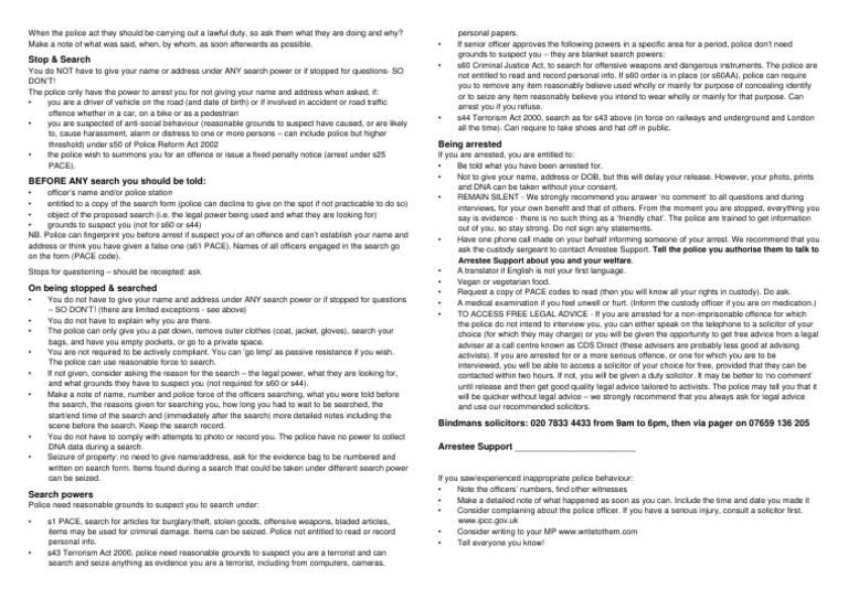 Search Stop Card | PDF | Arrest | Search And Seizure