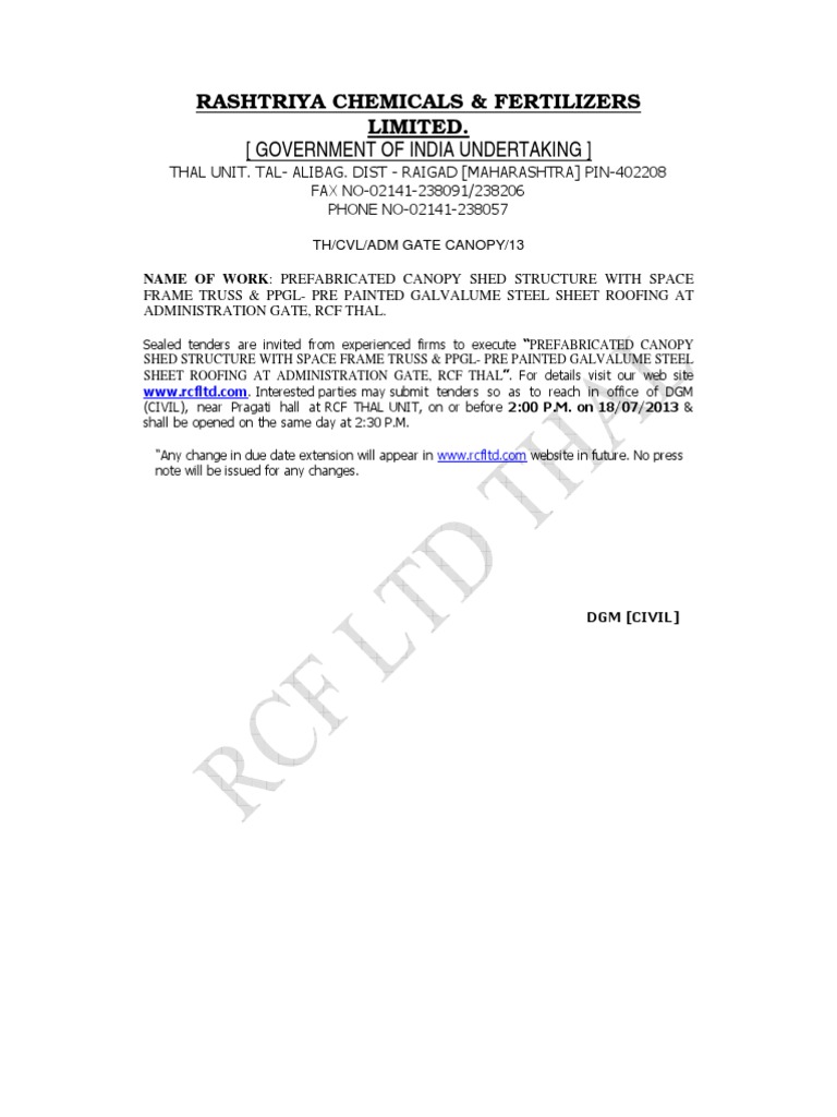 Tender for Canopy Structure at RCF Thal | PDF | Auction | Independent ...
