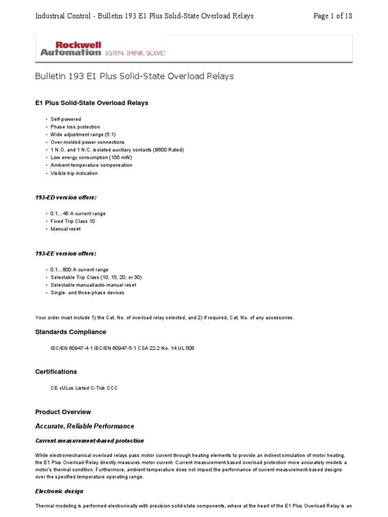 AB 193 E1 Plus Solid-State Overload Relays | PDF | Relay | Computer Network