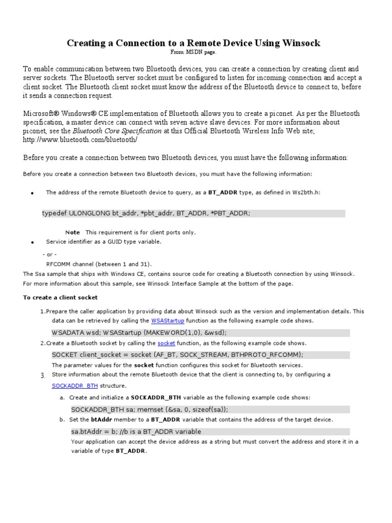 Creating A Connection To A Remote Device Using Winsock | PDF | Network ...