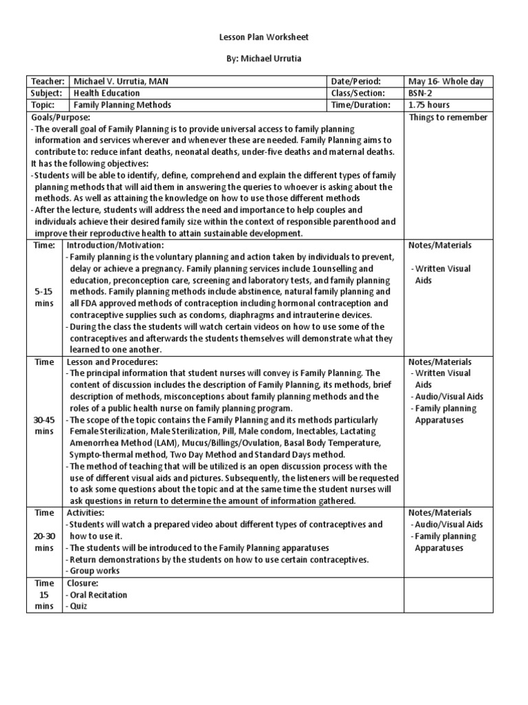 Lesson Plan Worksheet | PDF | Body Mass Index | Family Planning