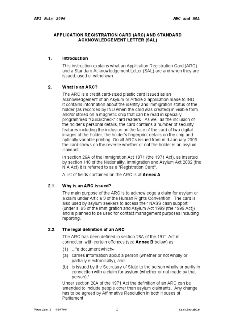 Application Registration Card UKBA | Asylum Seeker | Immigration Detention