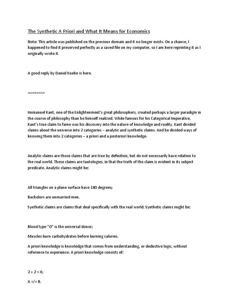 Understanding Synthetic A Priori in Economics | PDF | A Priori And A ...