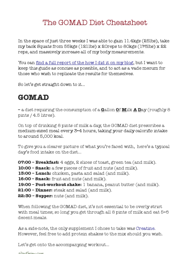 GOMAD Diet Cheatsheet | PDF | Physical Exercise | Meal