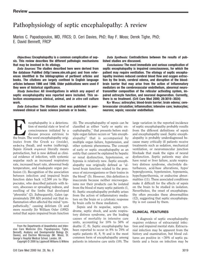 Pathophysiology of Septic Encephalopathy A Review | PDF | Tryptophan ...