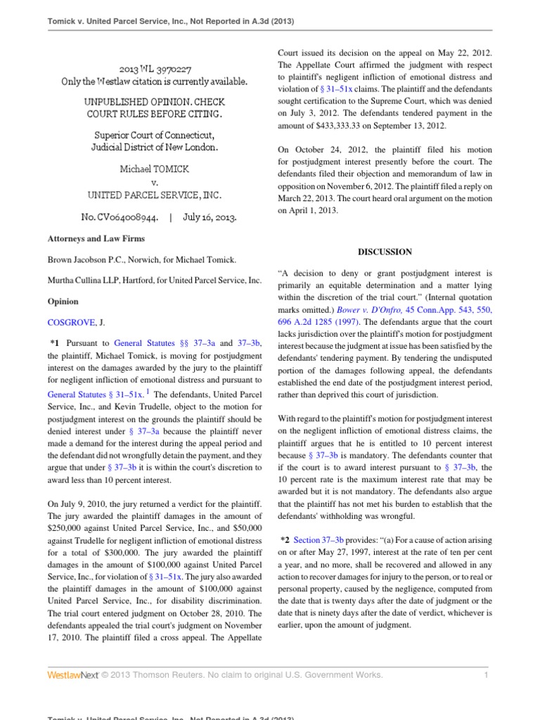 Tomick v. UPS: Postjudgment Interest Dispute | PDF | Negligence | Damages