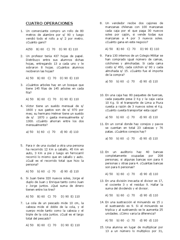 Problemas de Cuatro Operaciones | PDF | Sustracción | División ...