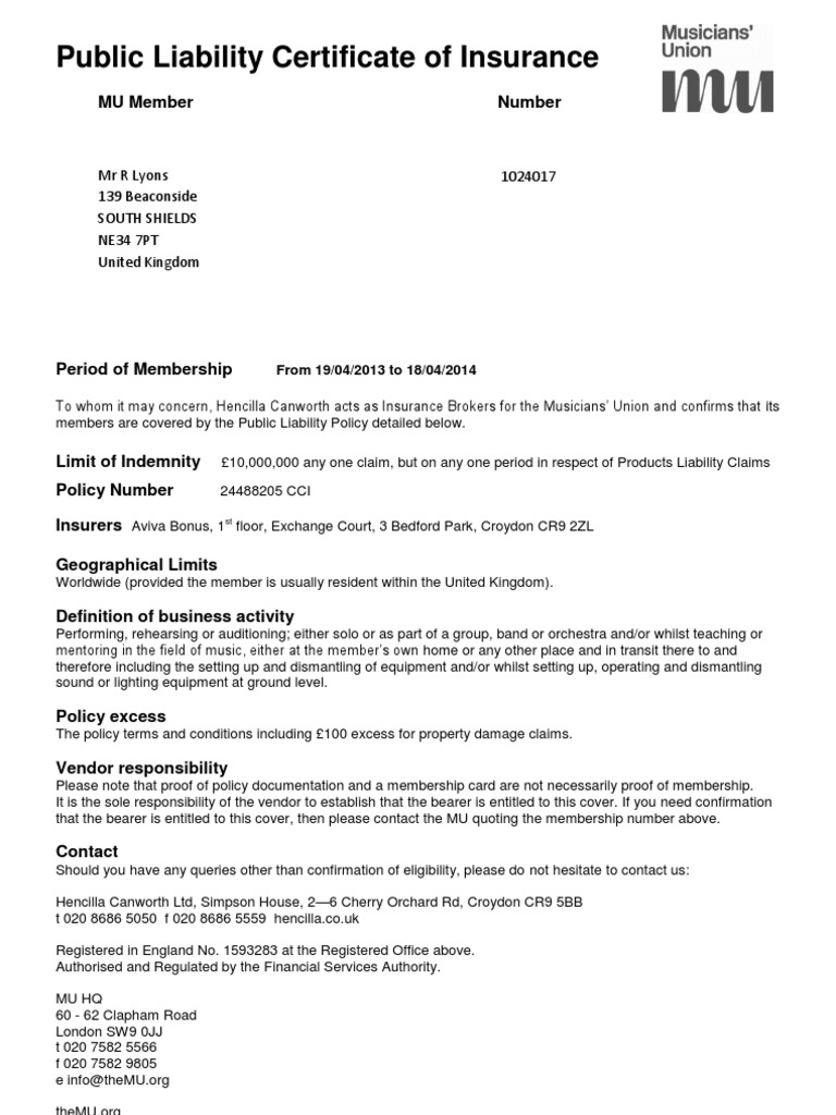 Public Liability Certificate of Insurance - R Lyons | PDF