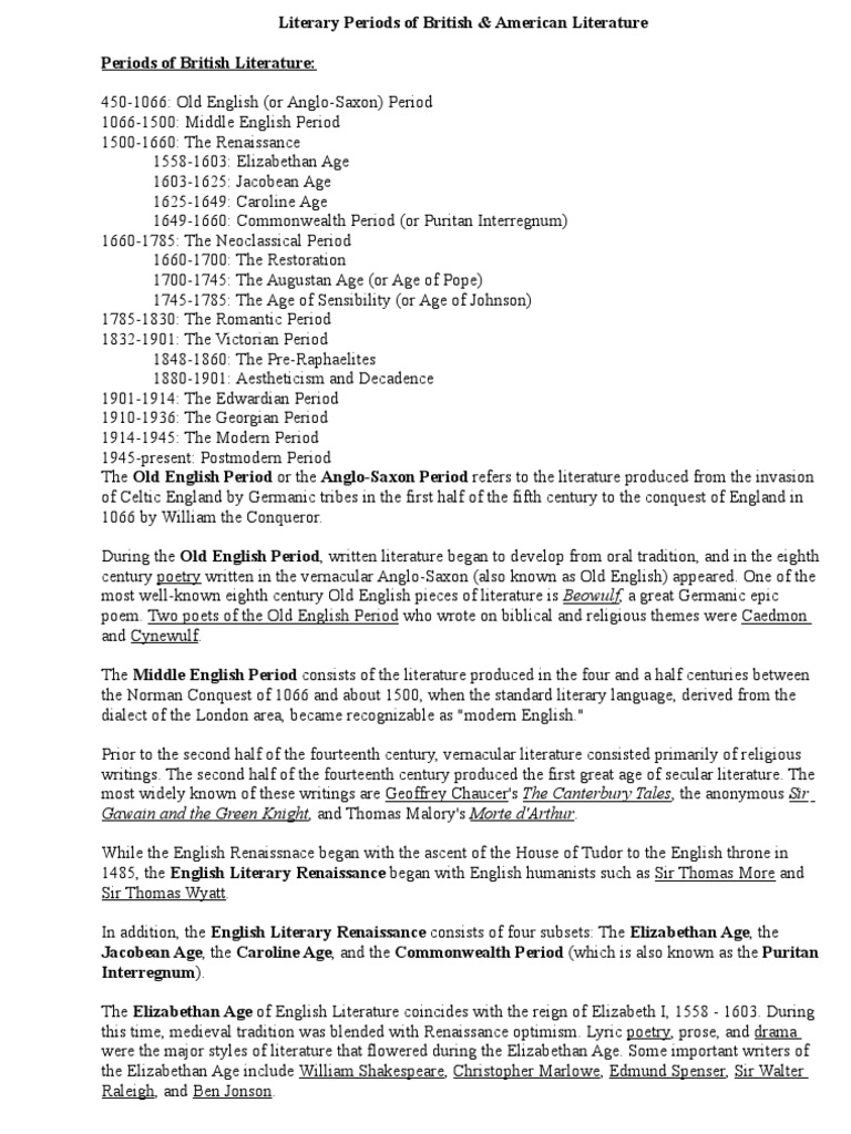 Literary Periods of British and American Literature 1 | PDF | English ...