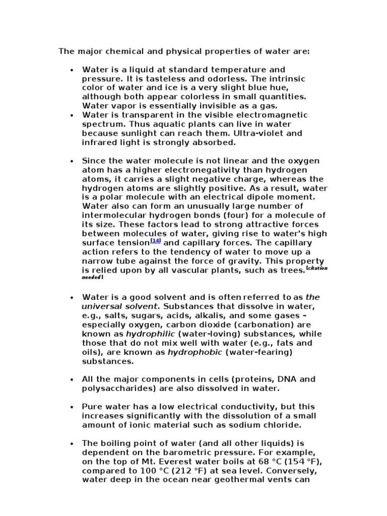 The Major Chemical and Physical Properties of Water Are | PDF ...