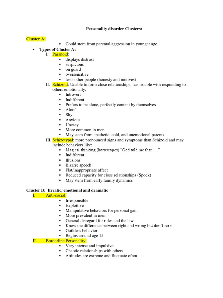Personality Disorder Clusters Overview | PDF | Personality Disorder ...