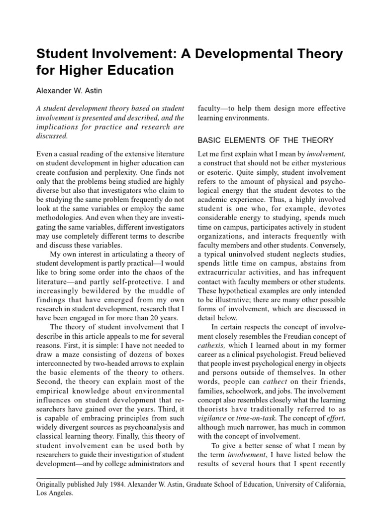 Astin, Alexander W. - Student Involvement | PDF | Curriculum | Learning