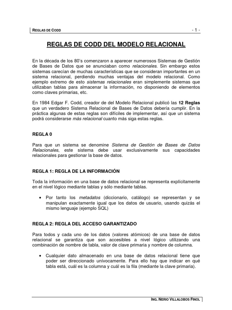 Reglas de Codd | PDF | Base de datos relacional | Modelo relacional