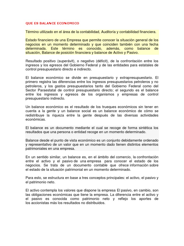 Que Es Balance Economico | PDF | Hoja de balance | Presupuesto