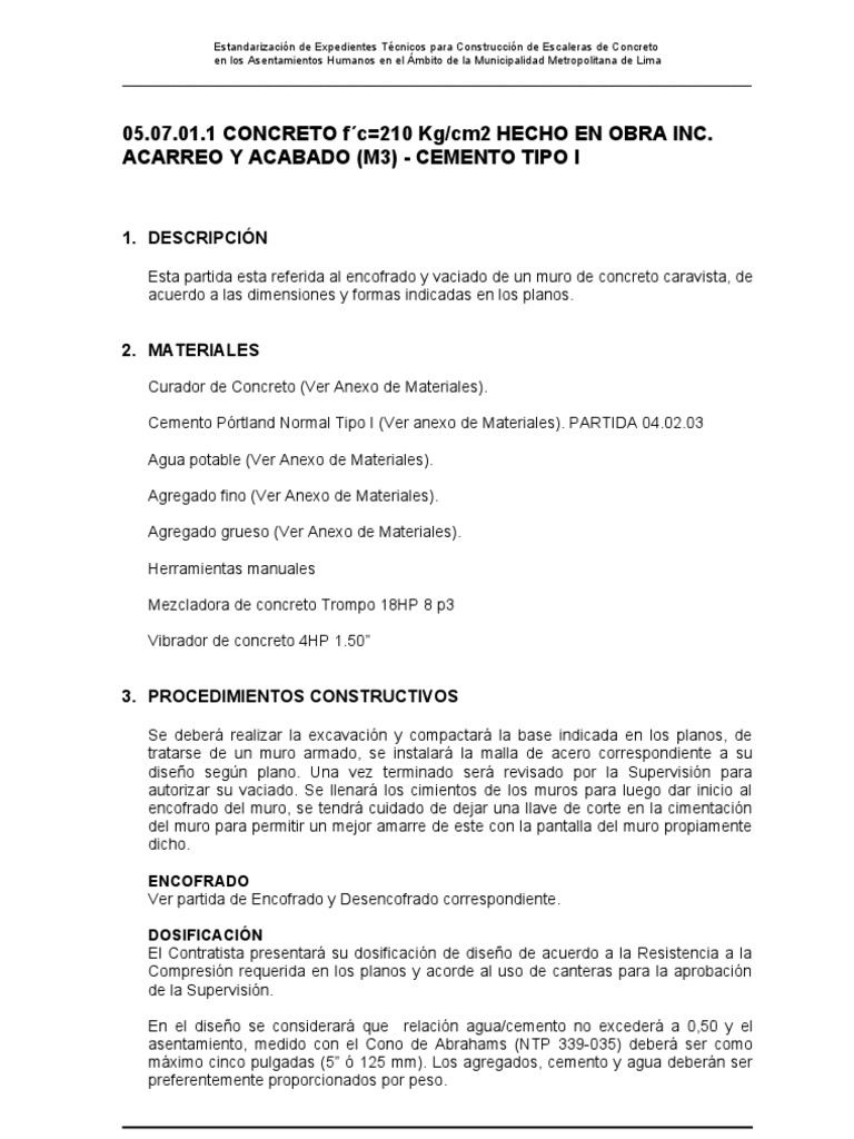 05 01 07 08 09 Concreto F C 210 Kg Cm2 En Muro Pdf Hormigón
