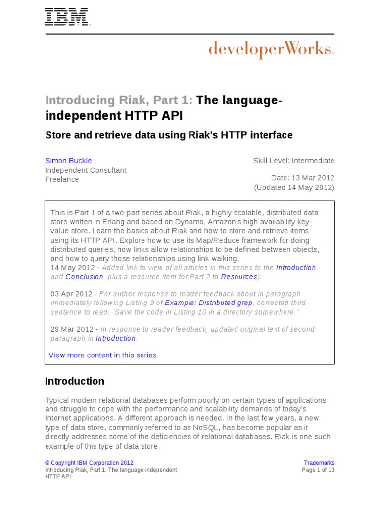 Introducing Riak, Part 1:: The Language-Independent HTTP API | PDF | Application Programming ...