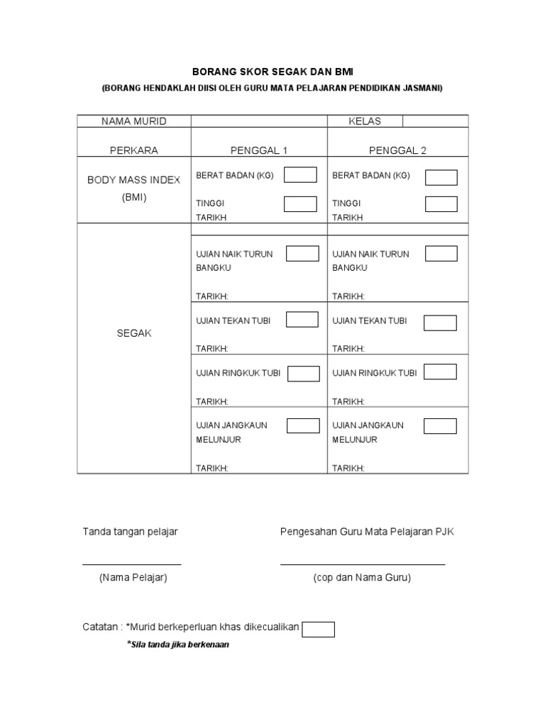 Borang Skor Segak Dan Bmi | PDF