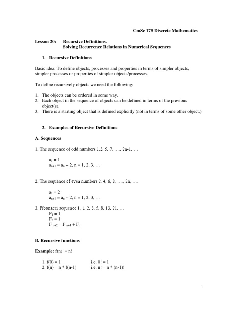CMSC 175 Discrete Mathematics Lesson 20: Recursive Definitions. Solving Recurrence Relations in ...