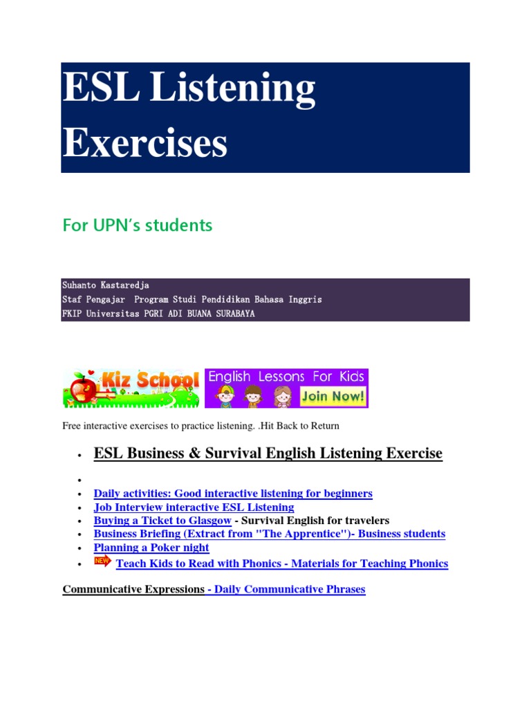 ESL Listening Exercises | PDF | English As A Second Or Foreign Language ...
