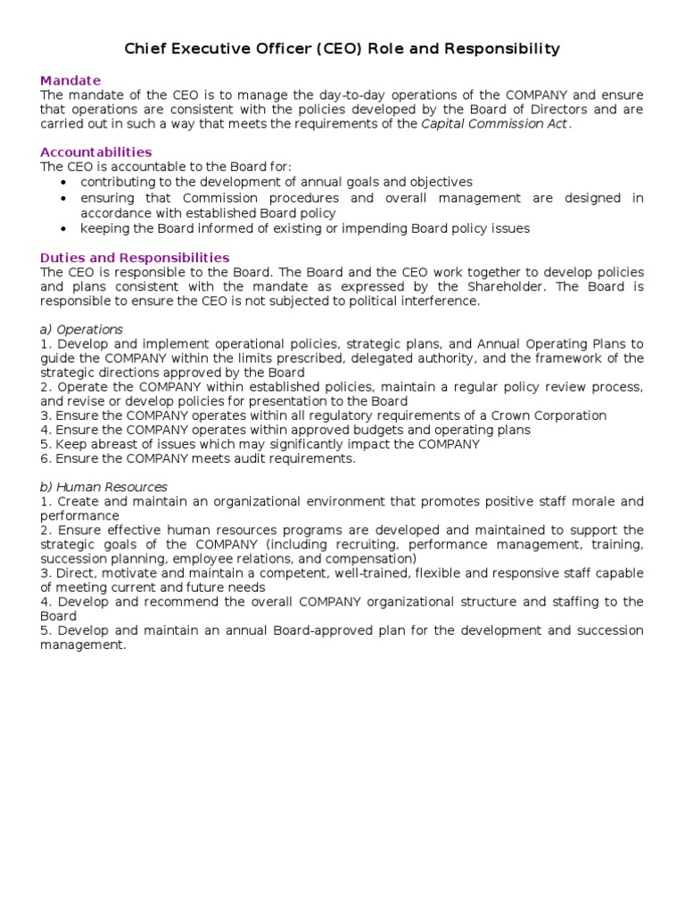 CEO Responsibilities | PDF | Chief Executive Officer | Board Of Directors